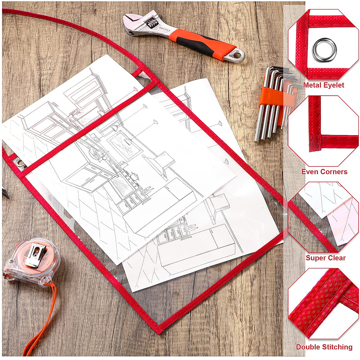 50 Pack Job Ticket Holders Work Order Holder Pockets for 9 x 12 Inch Hanging Sleeve Plastic Shop Ticket Holders with Strap, Both Sides Clear(Red)