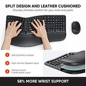 MEETION Ergonomic Wireless Keyboard and Mouse, Ergo Keyboard with Vertical Mouse, Split Arch Keyboard with Cushioned Wrist Palm Rest, Natural Typing Rechargeable Full Size, Windows/Mac/Computer/Laptop