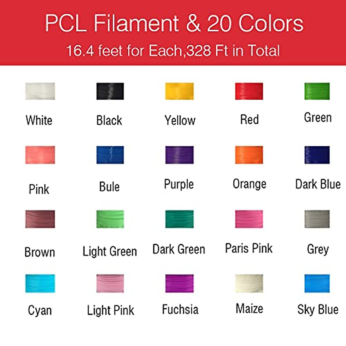 3D Pen Filament Refills,20 Colors,Each Color 16.4 Feet,PCL Filament 1.75mm for 3D Pen Printer,Safe Refills,Gifts for Kids(Total 328 Ft)