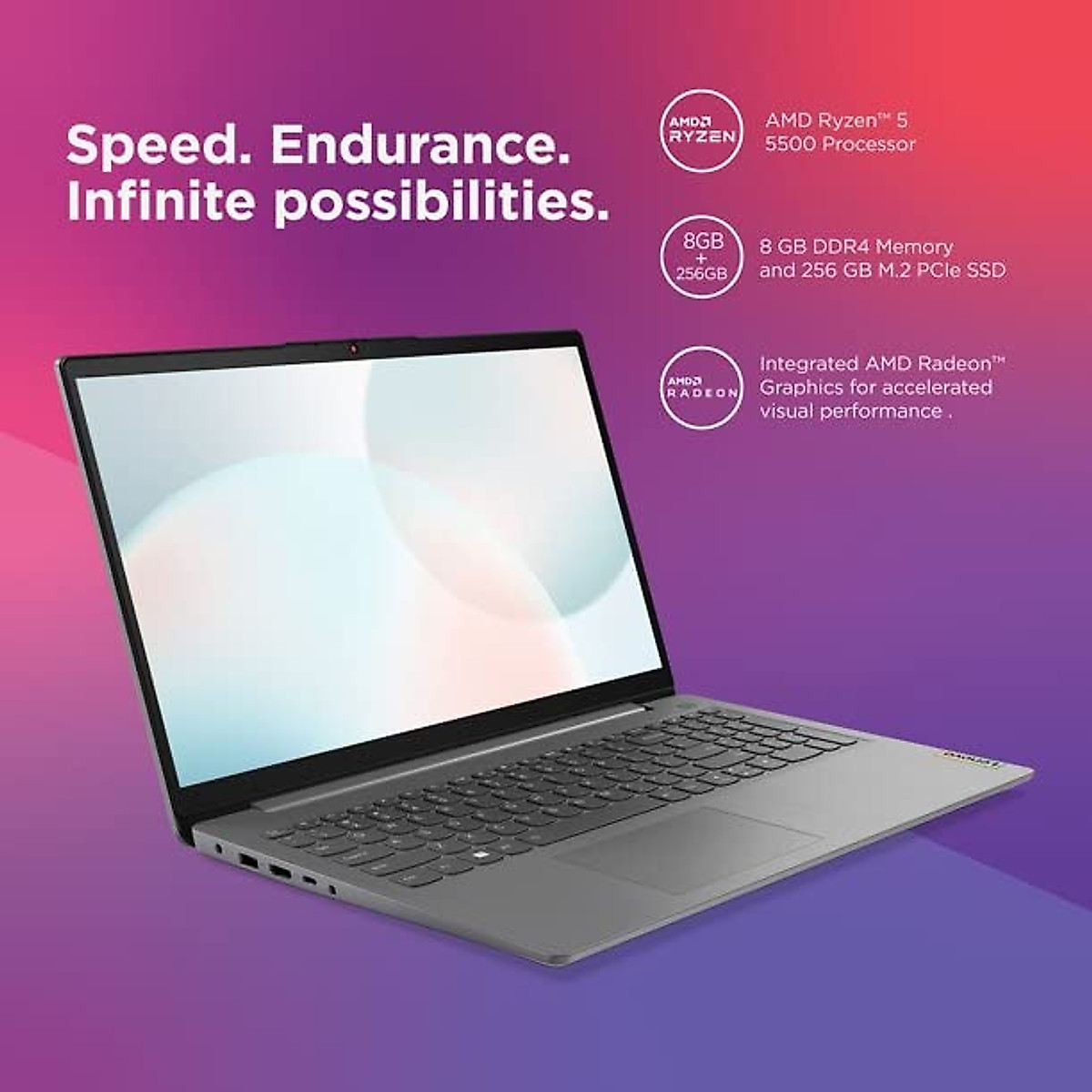 Lenovo Ideapad 3 15.6" FHD (1920 x 1080) Notebook Laptop, Fingerprint Reader, AMD Ryzen 5 5500U up to 2.4 GHz, Hexa Cores, 8GB RAM, 256GB SSD, Bluetooth, HDMI, Win 11, Arctic Grey, EAT Cloth