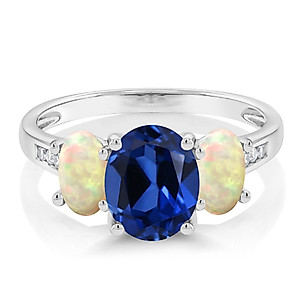 10K White Gold Blue Created Sapphire White Ethiopian Opal and White Diamond Oval 3-Stone Engagement Ring For Women (2.24 Cttw, Gemstone September Birthstone, Available In Size 5, 6, 7, 8, 9)