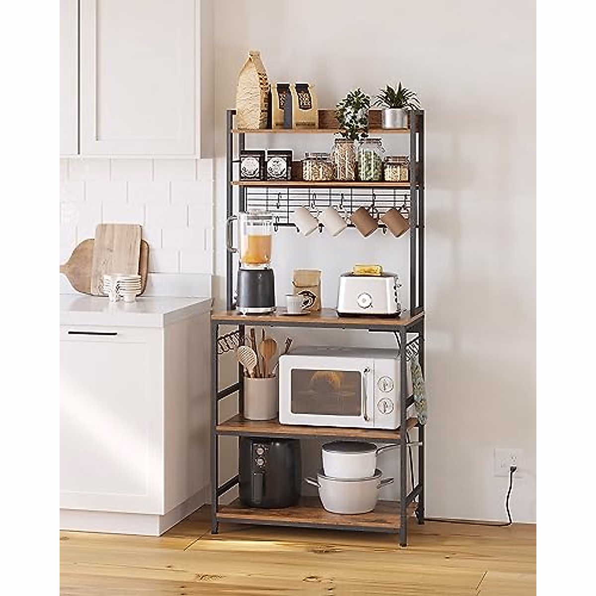 VASAGLE Hutch Bakers Rack with Power Outlet, 14 Hooks Microwave Stand, Adjustable Coffee Bar with Metal Wire Panel, Kitchen Storage Shelf, 15.7 x 31.5 x 66.9 Inches, Rustic Brown and Black UKKS025B01
