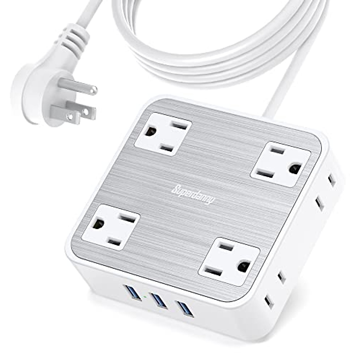 SUPERDANNY Power Strip Surge Protector with 3 USB Ports, 8 Widely Spaced Outlets, Flat Plug, 5 Ft Extension Cord, 1050 Joules, Wall Mount, Compact Size Space Save, Stylish Brushed Finish, White