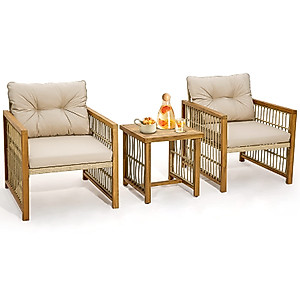 HAPPYGRILL 3 Pieces Patio Furniture Set, PE Wicker Conversation Set with Soft Seat & Back Cushions, Stable Acacia Wood Frame, Outdoor Sofa Set for Backyard, Porch, Poolside