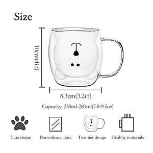 SHENDONG Cute Bear Mugs Set of 2 Cute Cups Bear Tea Coffee Cup with Handle 8.5oz Milk Cup Double Wall Insulated Glass Espresso Cups Glass Gift for Birthday Valentine's Day and Office (White Pink)