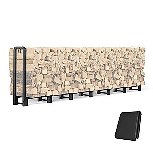 Hokut Firewood Rack Outdoor with Waterproof Cover - Upgraded Heavy Duty 8ft Log Rack Indoor Holder - Adjustable Fire Wood Racks - Black Storage Organizer Stand Tool for Fireplace