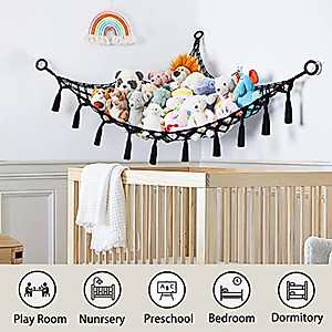 Stuffed Animal Net or Hammock with Light,Yewiwin Macrame Hanging Net Hammock for Stuffed Animal Toy Storage Organizer Boho Decor Room Holder for Nursery Play Room Bedroom (Black)