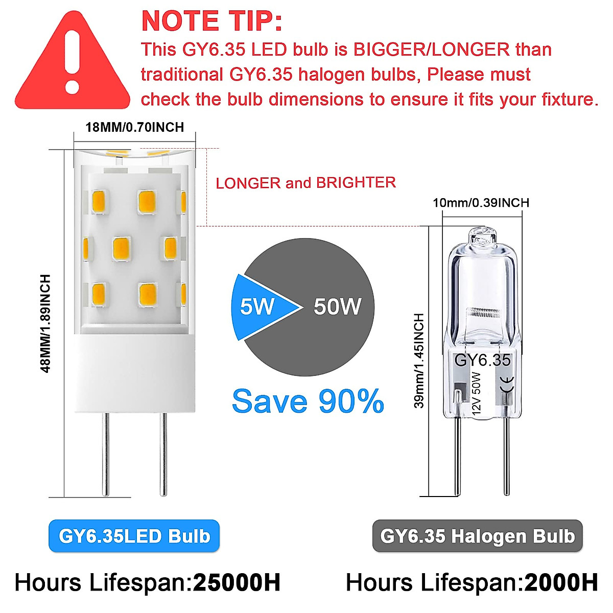 TAIYALOO GY6.35 LED Bulb 5W Equivalent to 50W Bi-pin Base Halogen Bulb, AC/DC 12V Warm White 3000K for Pendant Light, Chandelier, Desk Light, Accent Lights, Landscape Lighting, Non-Dimmable (4 Pack)