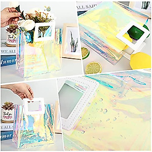 Whaline 10Pcs Clear Holographic Small Gift Bags 7.9 x 7.9 x 4 Inch Iridescent Reusable Tote PVC Handbags Waterproof Gift Wrap Shopping Bags for Holiday Wedding Birthday Baby Shower Party Supplies