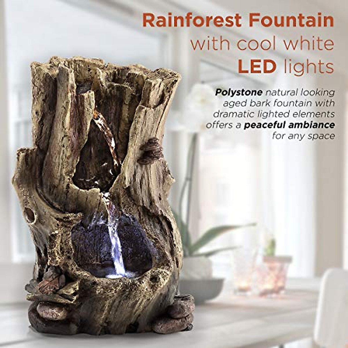 Alpine Corporation 11" Tall Indoor Rainforest Tabletop Fountain with LED Lights , Beige, 7"L x 5"W x 11"H