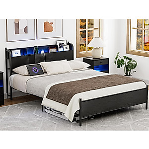 IKIFLY Queen Bed Frame with Storage Shelf Headboard & Charging Station - Metal LED Platform Bed with Strong Steel Slats, No Box Spring Needed, Noise Free, Industrial Vintage Design - Black