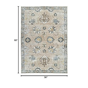 Kaspene Home - Machine Washable Thin 3x5 Area Rug - Oriental Vintage Blue and Brown, Bedroom, Hallway, Bathroom, and Entryway - Stain and Water-Resistant - Non-Slip - Pet and Kid Friendly