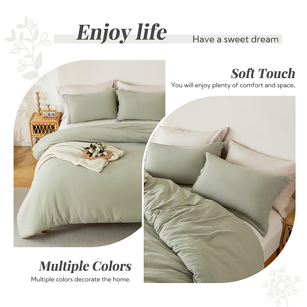 MILDLY Super Soft Duvet Cover - 100% Washed Microfiber October Mist Sage Comforter Cover Set 3 Pieces with Zipper Closure & Corner Ties (No Comforter)