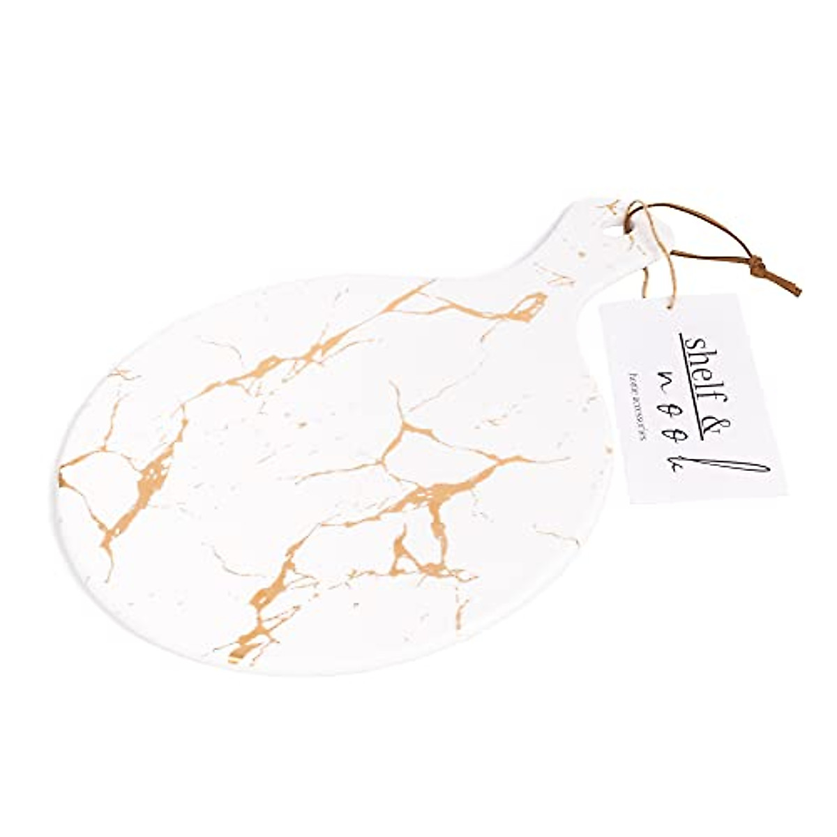 Round marble ceramic cutting board. Marble trivet in white or black with gold veins and leather chord. Cheese serving tray slab to display with kitchen accessories. Vanity tray for countertop. (White)
