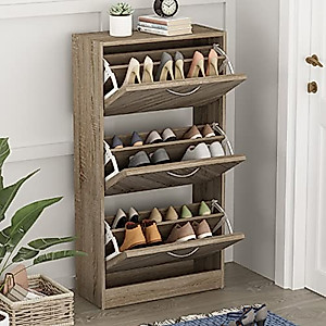 AGOTENI Shoe Cabinet with 3 Flip Drawers, Shoe Storage Organizer with 2-Tier Shelf for Entryway, Freestanding Shoe Rack Storage Organizer, Natural