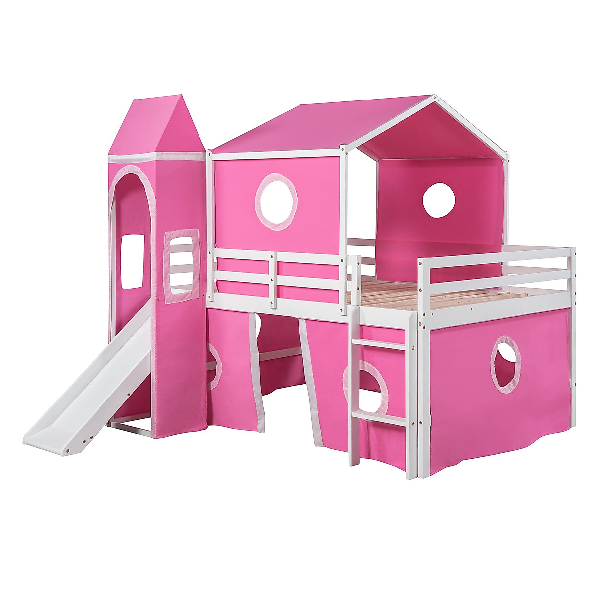 Merax Full Over Full House Bunk Bed, Kids Playhouse Bed, Solid Wood bunk Bed Frame with Slide Pink Tent and Tower, for Girls and Boys, Pink