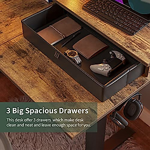 FEZIBO Triple Motor 63" L Shaped Standing Desk with 3 Drawers, Electric Standing Desk Adjustable Height, Corner Stand up Desk with Splice Board - Rustic Brown