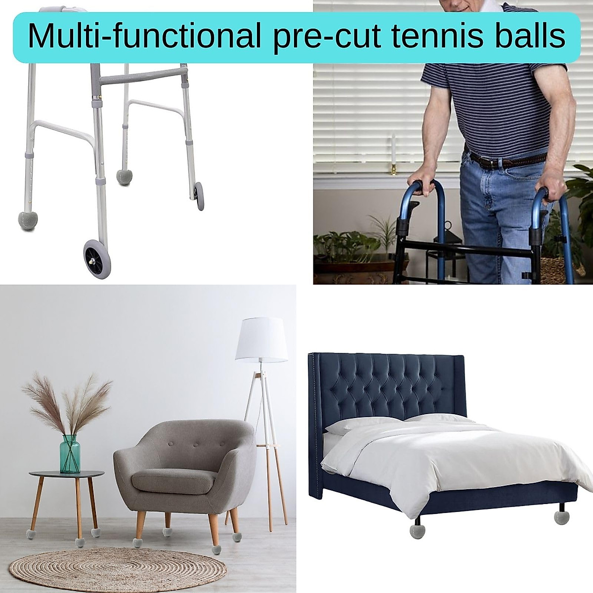 Precut Tennis Balls for Walkers 4 PCS Walker Tennis Ball for Furniture Legs and Floor Protection Heavy Duty Long Lasting Felt Pad Glide,Fit Most Walkers (Gray)