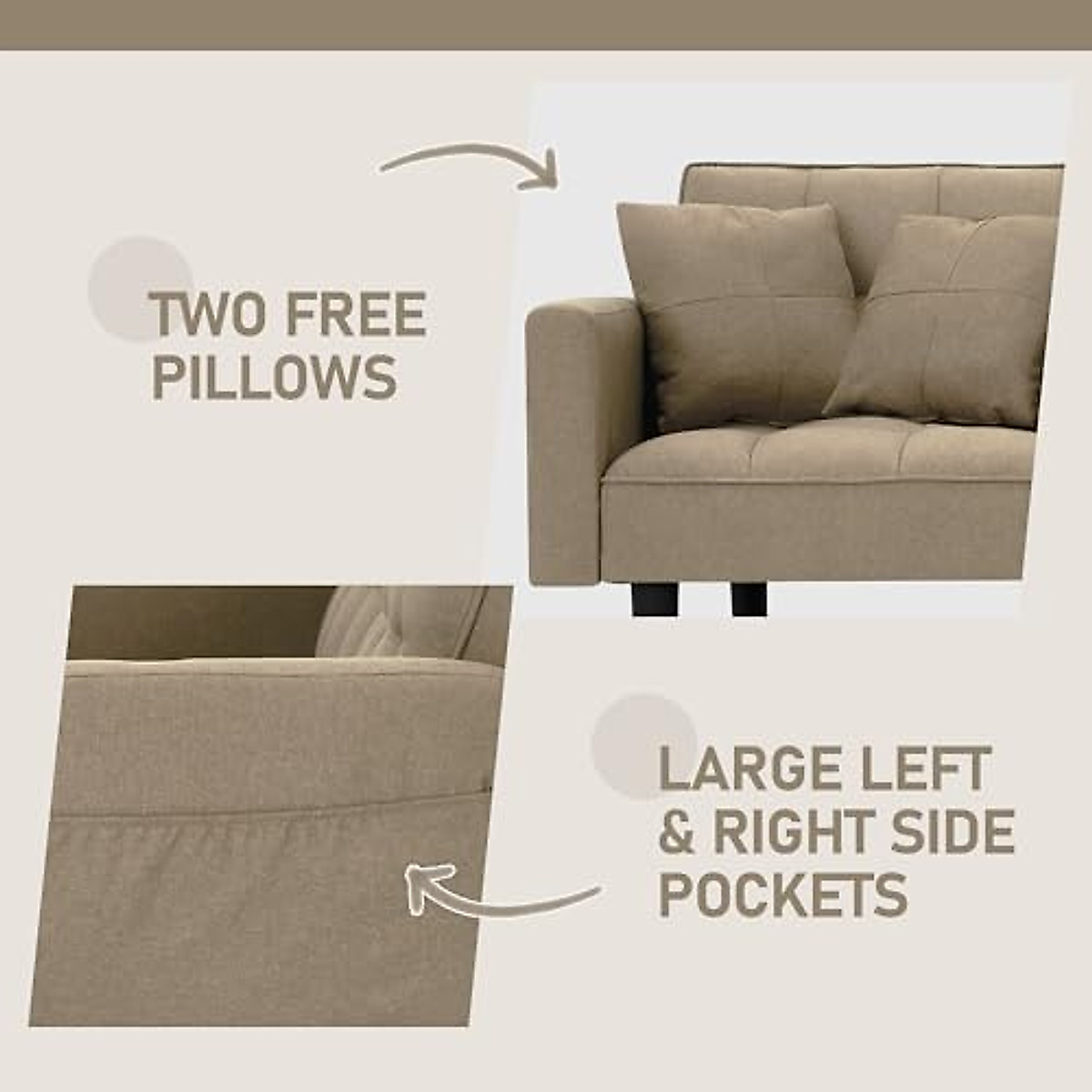 AVAWING Futon Sofa Bed, Modern Linen Fabric Convertible Upholstered Couch with Adjustable Back, Arms and High Strength Nylon Legs for Living Room, Apartment, Office (Khaki)