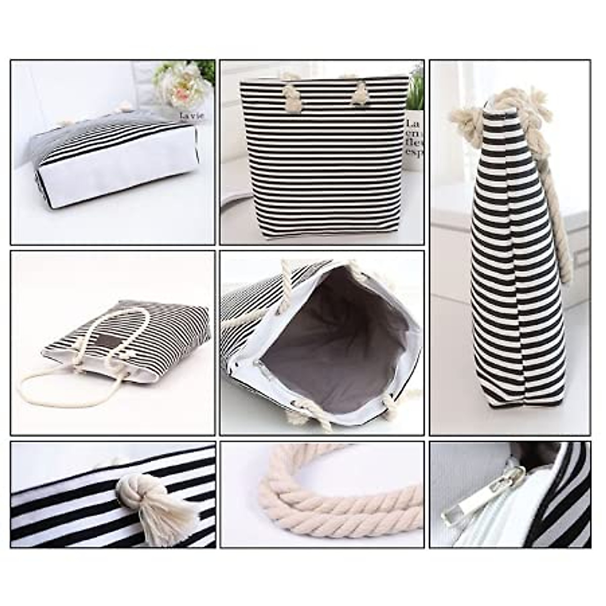 Canvas Tote Bag | Canvas Striped Hemp Rope Handle Shoulder Tote Bag | Black Stripe Tote Bag | Tote bag For Multipurpose Used., Large