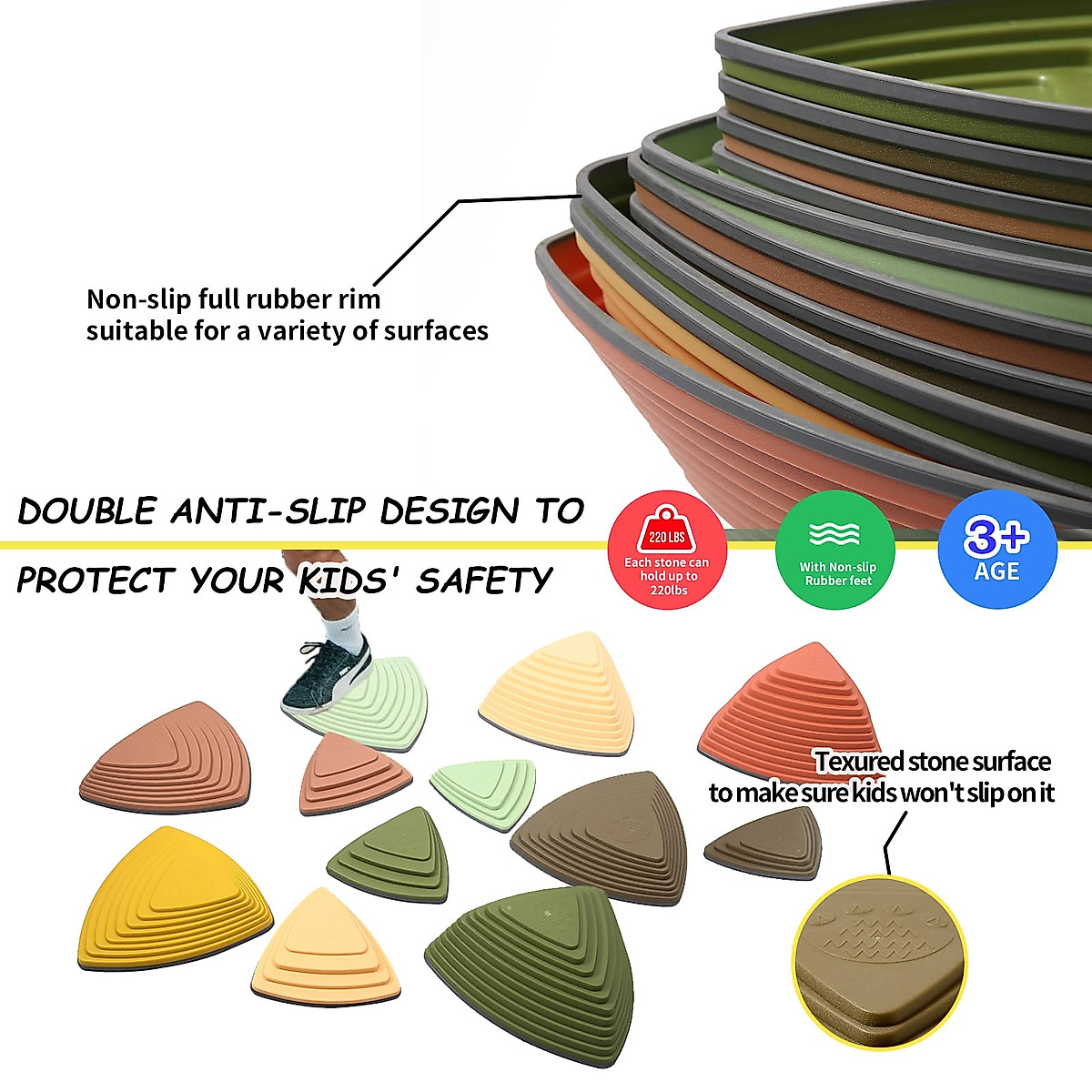 makarci Stepping Stones for Kids 12pcs Obstacle Courses Play Indoor Outdoor, Full Rubber Rim Plastic Hilltop for Kids Balance and Integration Improvement Age 3 4 5 6 7 8 + (Forest)