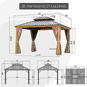 Evedy 10'x12' Hardtop Gazebo, Wooden Coated Aluminum Frame Canopy with Galvanized Steel Double Roof, Outdoor Permanent Metal Pavilion with Curtains and Netting for Patio, Deck and Lawn