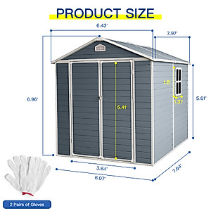 8x6FT Resin Outdoor Storage Shed, with Built-in Air Vent, Practical Window and Protective Cap, Tool House w/Padlock Compatible, 2 Pairs of Gloves, Waterproof & UV Protection, Grey