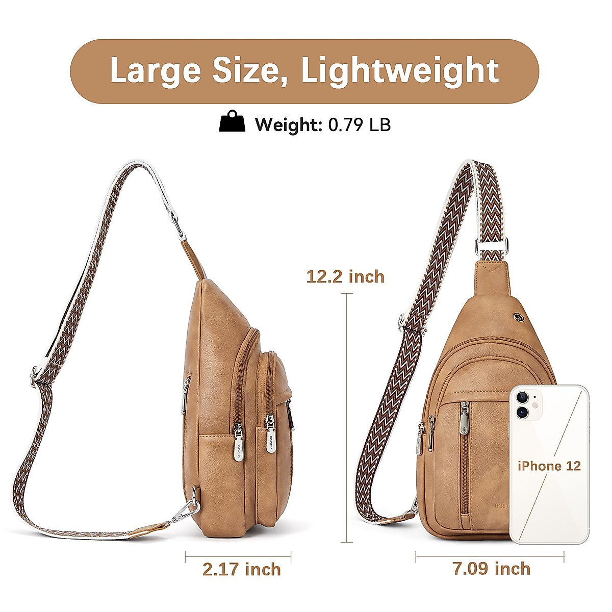 BOSTANTEN Sling Bag Cross Body Bag Trendy Leather Crossbody Purse Chest Bag with Adjustable Guitar Strap for Travel, Camel Brown