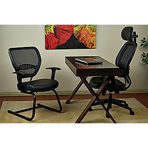 SPACE Seating Professional AirGrid Dark Back and Padded Black Eco Leather Seat, Fixed Arms and Lumbar Support Sled Base Visitors Chair