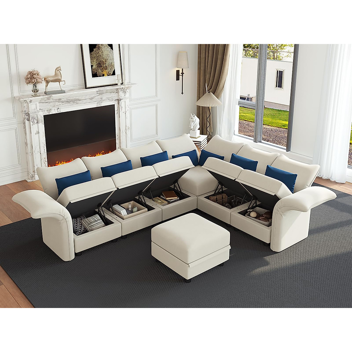 LLappuil Velvet Modular Sectional Sofa L Shaped Corner Couch with Storage Chaise, 127.8" 7-Seater Oversized Sofa with Ottoman, High Back Recliner Sleeper Couches, Anti-Scratch White