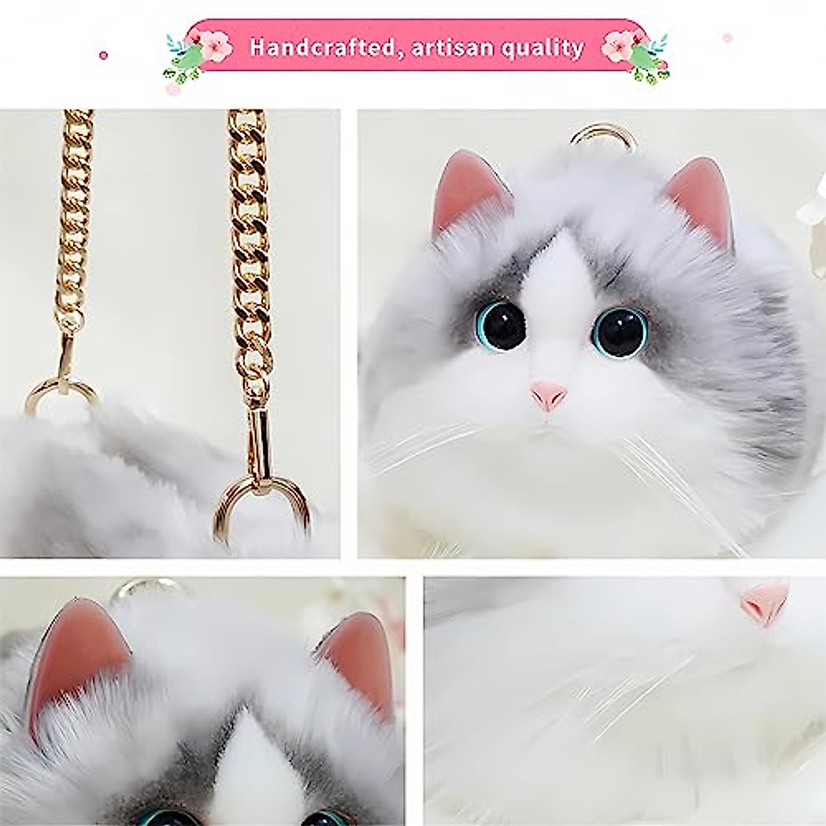 HUIJUFU Realistic Puffy Plush Cat Shaped Crossbody Handbag for Women（White gray）