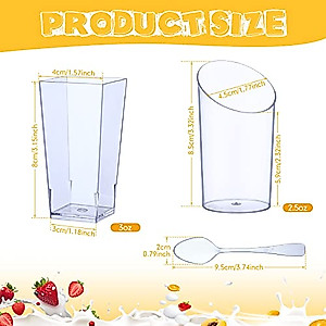Nuogo Mini Plastic Dessert Cups with Spoons Include 3 Oz Square Appetizer 2.5 Slanted Round Parfait Mousse Ice Cream Bar Supplies Small Clear Bowls for Party Wedding (100 Pcs)