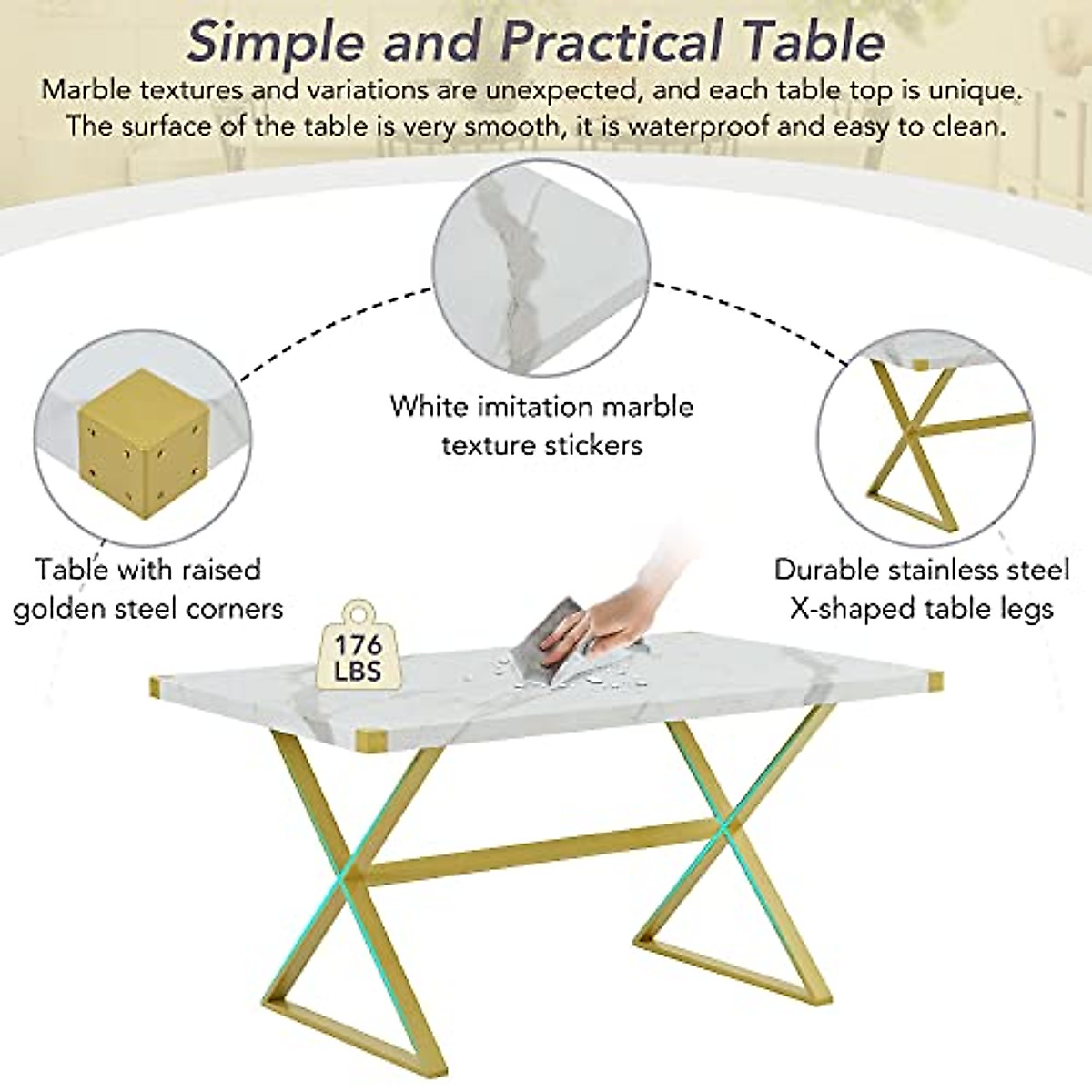 CITYLIGHT 7-Piece Kitchen Dining Table Set,Rectangular Marble Texture Table and 6 PU Leather Chairs with X-Shaped Gold Steel Pipe Legs,Modern Table Chairs Set for Dining Room(White+Gold)