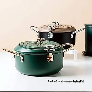 Cyrder Japanese Tempura Deep Fryer Pot with Fahrenheit Thermometer, Nonstick Carbon Steel Oil Fryer, Fried tempura/chicken/fish/shrimp, Easy Clean, Green big tempura pan, 9.5inch