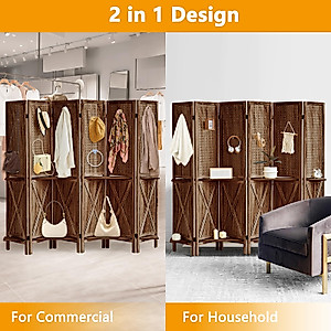 ALeesing 6 Panel Pegboard Display with 24 Hooks, Wooden Pegboard Room Divider Wall with Shelf, Rustic Room Dividers and Folding Privacy Screens, Bedroom, Jewelry Store, Brown