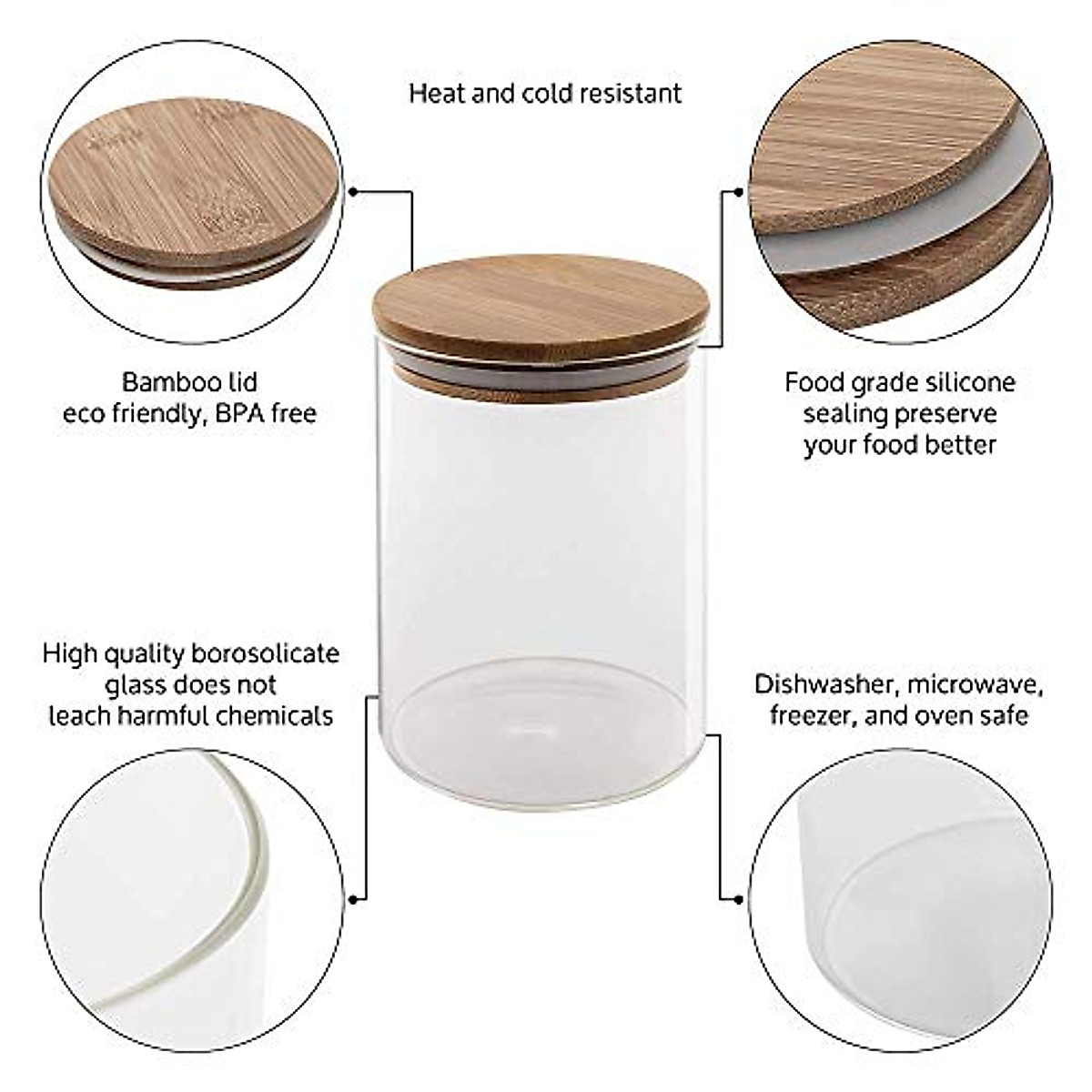 Sugar Packet holder Canister Set of 5, Glass Kitchen Canisters with Airtight Bamboo Lid, Glass Storage Jars for Kitchen, Bathroom and Pantry Organization Ideal for Flour, Sugar, Coffee, Cookie Jar, Candy, Snack and More