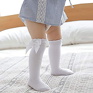 Mini angel Baby Girl Knee High Socks 3 Pairs Cotton Knit Tube Ruffled Long Stockings with Bow for Infant Toddler (Black White Pink 3pk, 6-12Months)