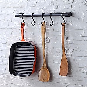 KAIYING Kitchen Utensil Rack with Removable S Hooks for Hanging Pots and Pans, Rod Hooks for Mugs, Wall Mounted Kitchen Rail Organizer, Aluminum,(Black-5 Hooks) (Anodized Black, 10 Hooks)