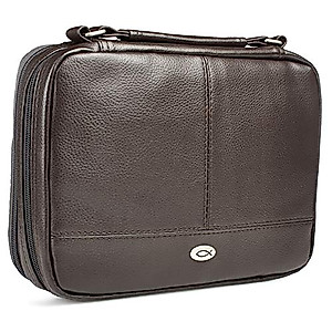 Christian Art Gifts Faux Leather Bible Cover for Men and Women | Ichthus Jesus Fish Emblem Zippered Two-Fold Organizer Case for Bible or Book w/Handle