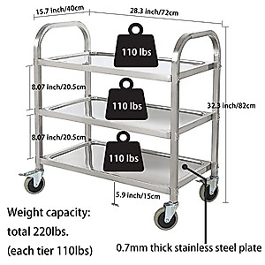 HLC Upgrade 3 Tier Heavy Duty Commercial Grade Utility Cart Kitchen Trolley Serving Cart with Wheels Stainless Steel Rolling Cart Storage Shelf for Hotel Restaurant Bar Home Use L30 x W16 x H33 Inch