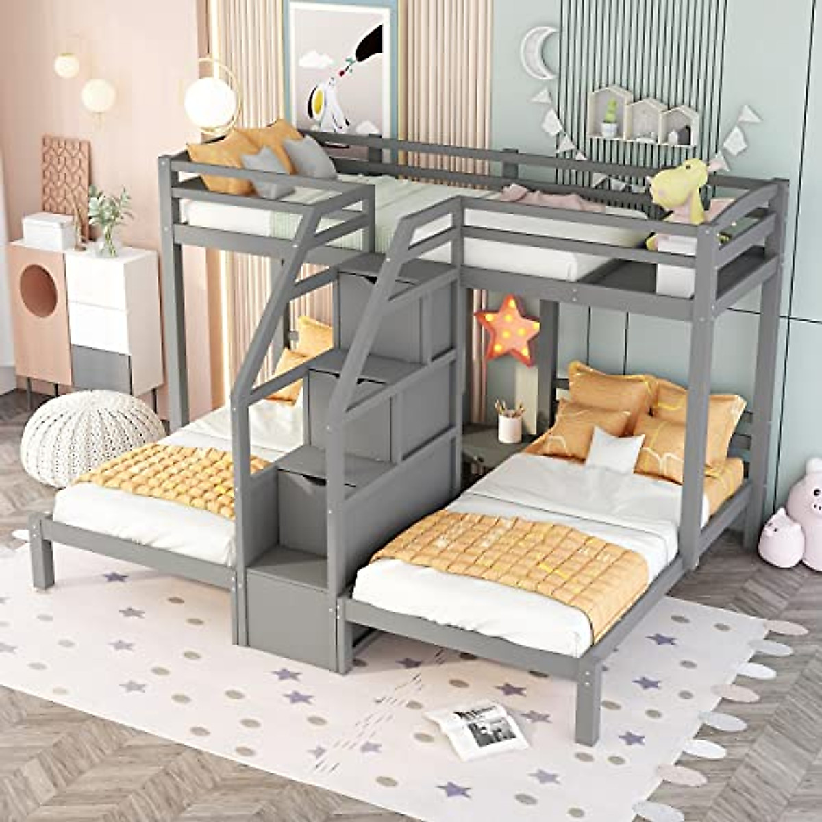 GAOWEI Triple Bunk Bed Twin Over Twin & Twin Bunk Bed with 3 Storage Staircase,Triple Bunk Bed for Kids,Triple Bunk Bed with Storage Stairs,Bedroom Furniture Pinewood Bed Frame (Staircase+Gray)
