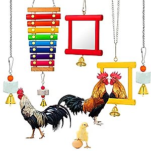 5 Pieces Hen Chicken Toys Chicken Coop Mirrors Colorful Wooden Xylophone Bird Toy Hanging Parrot Grindstone Bird Beak Stones Dangling Bird Toys with Bells for Chicks Parrots Birds Hens