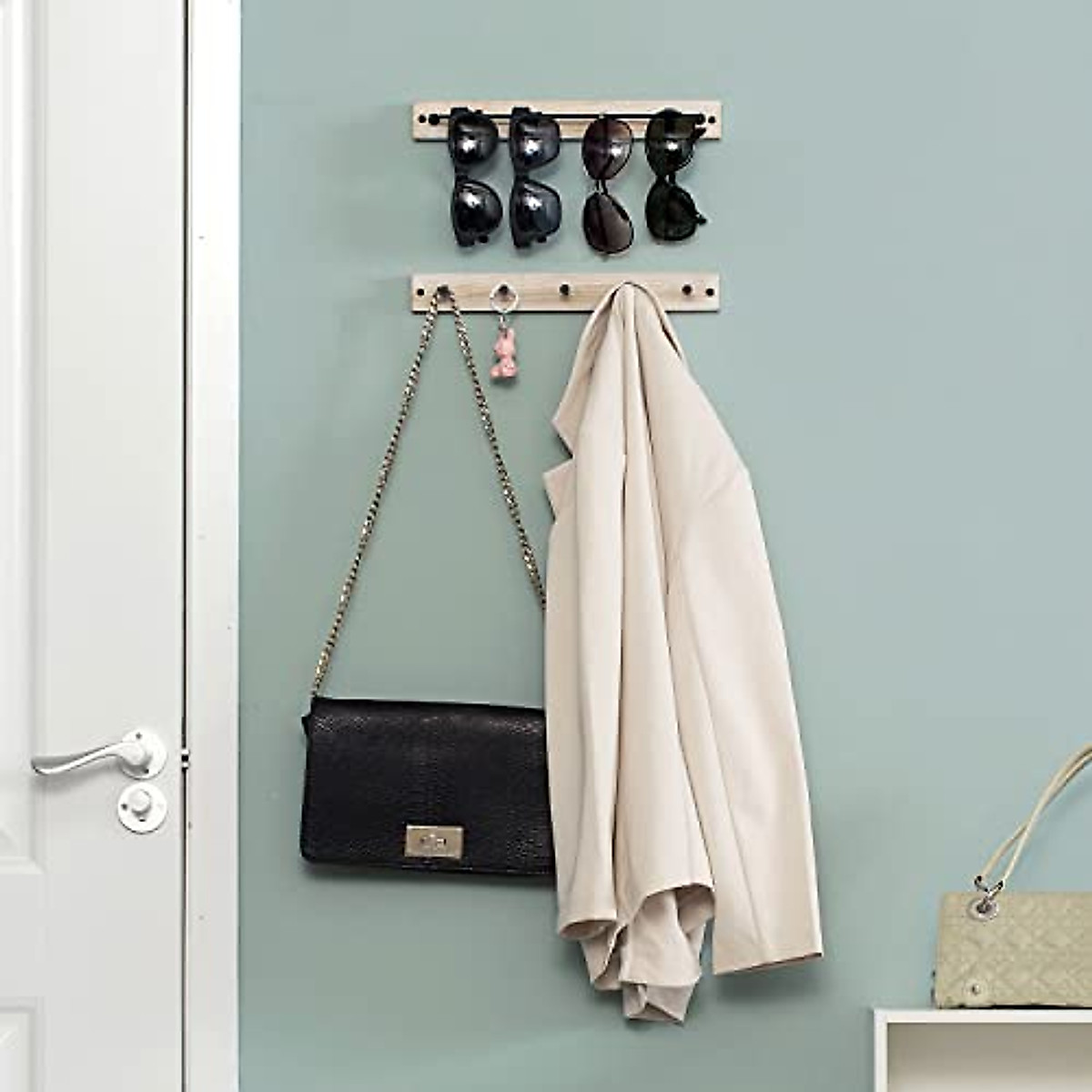MyGift 2 Piece Set Wall Mounted Wood Sunglasses Organizer Rack and Coat Hook Wall Rack in Whitewashed Finish with Metal Hardware, Entryway Eyeglass Hanger Rail and Key Hooks