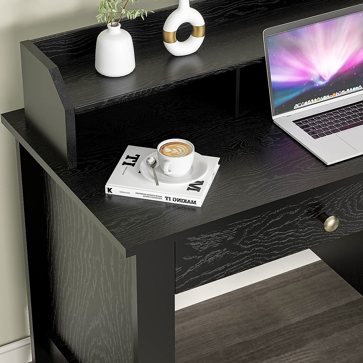 HOMBCK Computer Desk with Drawers, Office Desk with Drawers Executive Desks with Storage Shelf Writing Desk with File Drawers for Teen Student Home Office Laptop Desk,Matte Black