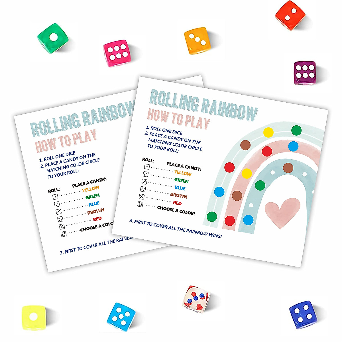DYIRBIIY 5" x 6" Party Kids Table Game | Rolling A Rainbow Roll The Dice Game| Watercolor Rainbow Dice Game for Kids | 20 Play Cards 20 Colored Dices -TZYX-A08
