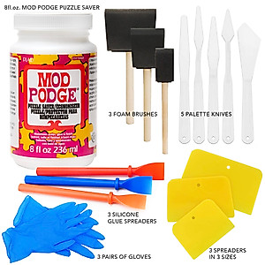 Mod Podge Puzzle Saver Glue Kit, Adhesive Brushes for Jigsaw Puzzles, Boards, Mats, Pixiss Accessory Kit with Glue Spreaders, Gloves, Brushes, Palette Knife Set