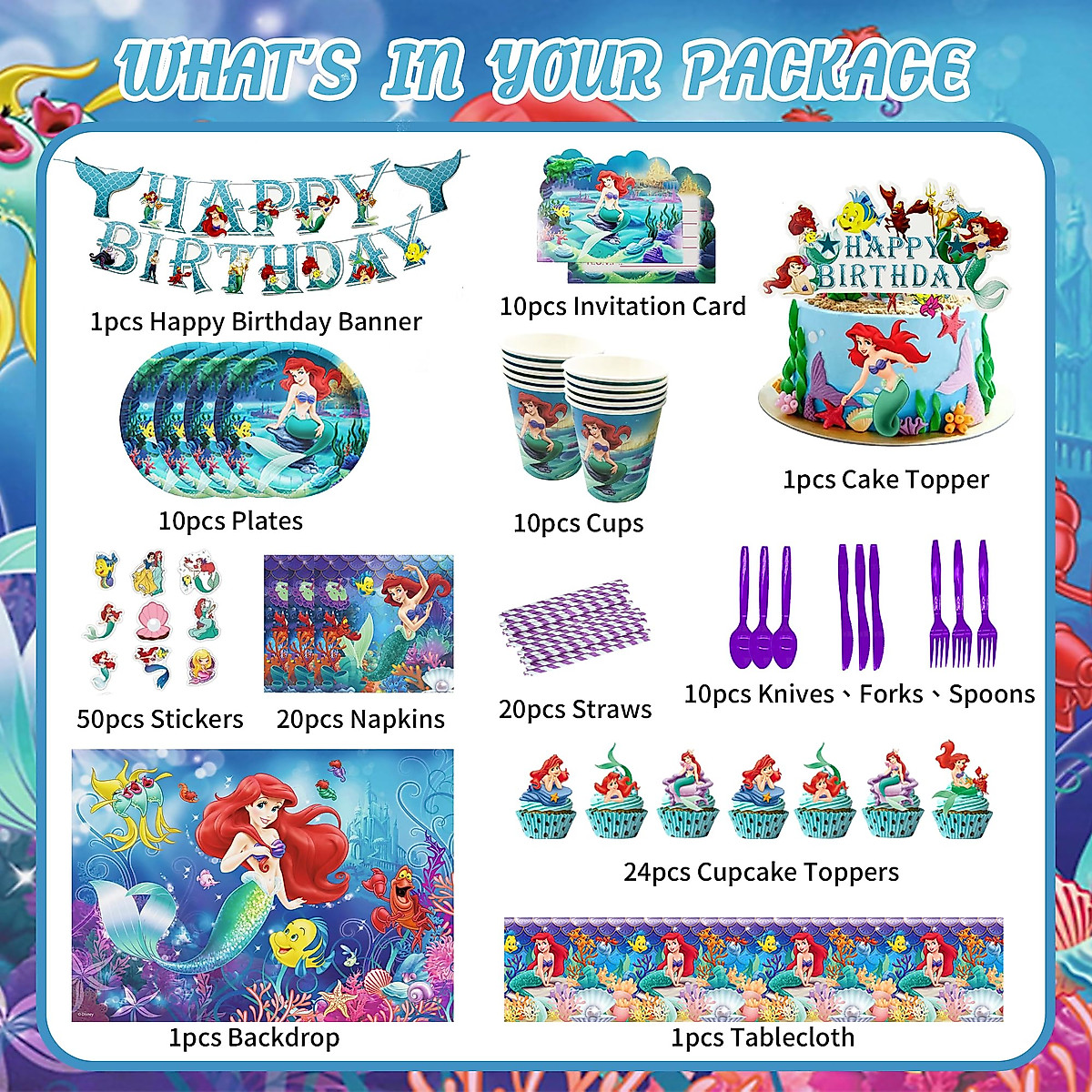 260 PCS Little Mermaid Birthday Party Supplies, Mermaid Birthday Party Decorations, Included Happy Birthday Banner, Cake & Cupcake Topper, Balloons, Invitation Cards,Backdrop, Tableware and Stickers