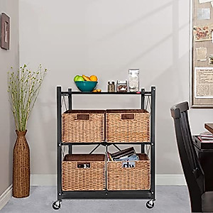 3-Shelf Foldable Storage Shelves with Wheels, Large Capacity Shelving Unit, Freestanding Metal Wire Shelf Rack, No Assembly Organizer Rack for Garage Kitchen, Basement, Pantry, Heavy Duty