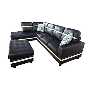 GEBADOL Lifestyle Furniture 3 Piece Sectional Sofa Couch Set, L-Shaped Modern Sofa with Chaise Storage Ottoman and Pillows, Faux Leather, Left Facing