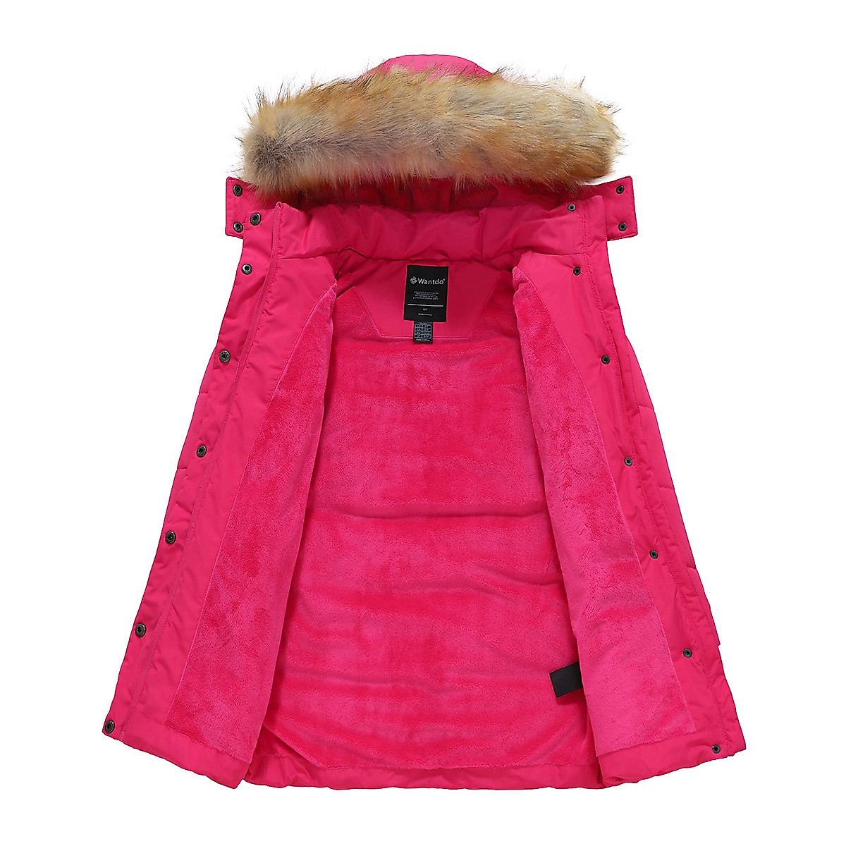 wantdo Girl's Winter Coats Long Puffer Coats Warm Fleece Jacket With Hood Rose Red 10-12